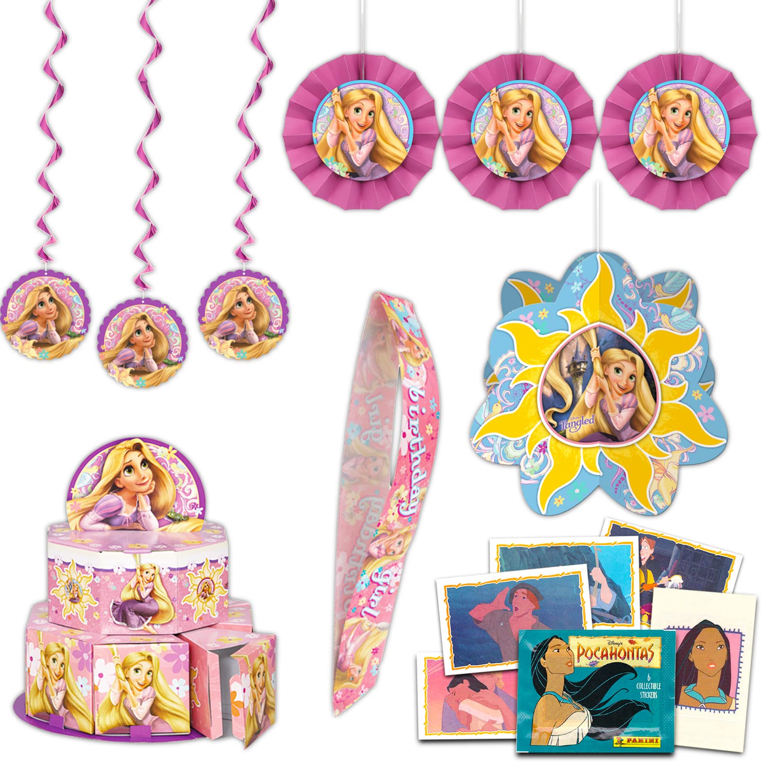 Disney Tangled Party Decorations Kit Bundle ~ Rapunzel Danglers, Party Favor Box Centerpiece, and More Birthday Decor with Disney Princess Stickers (Princess Party Supplies)