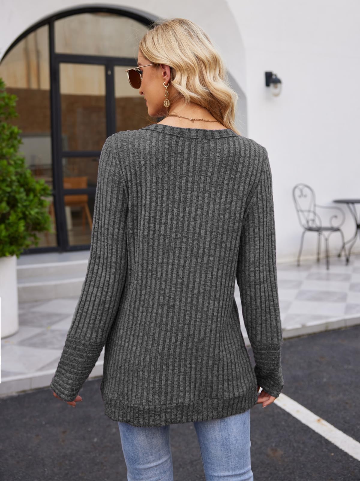 Hount Pullover Sweaters for Women Fashion Long Sleeve Lightweight Plain Basic Tunic Tops Deep Grey