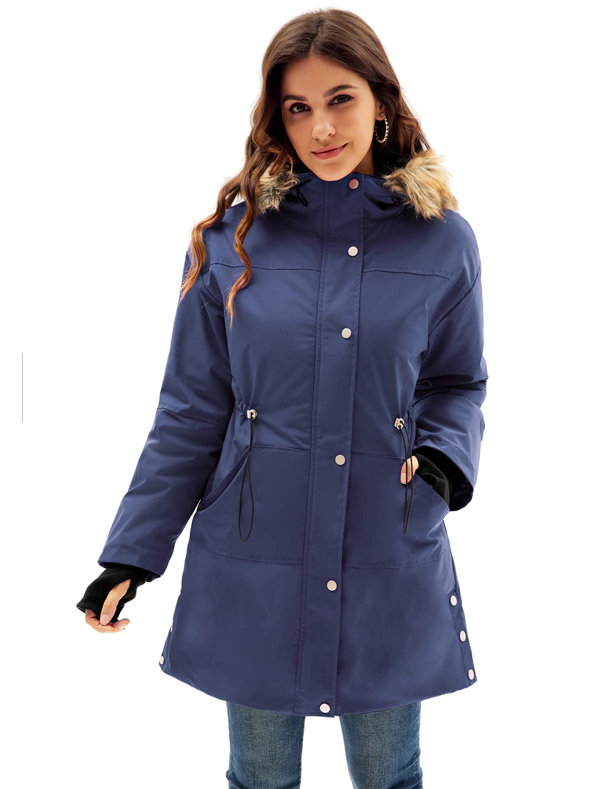 GRACE KARIN Women’s Winter Warm Thickened Outerwear Zip-up Coat Faux Fur Hood Parkas Navy L