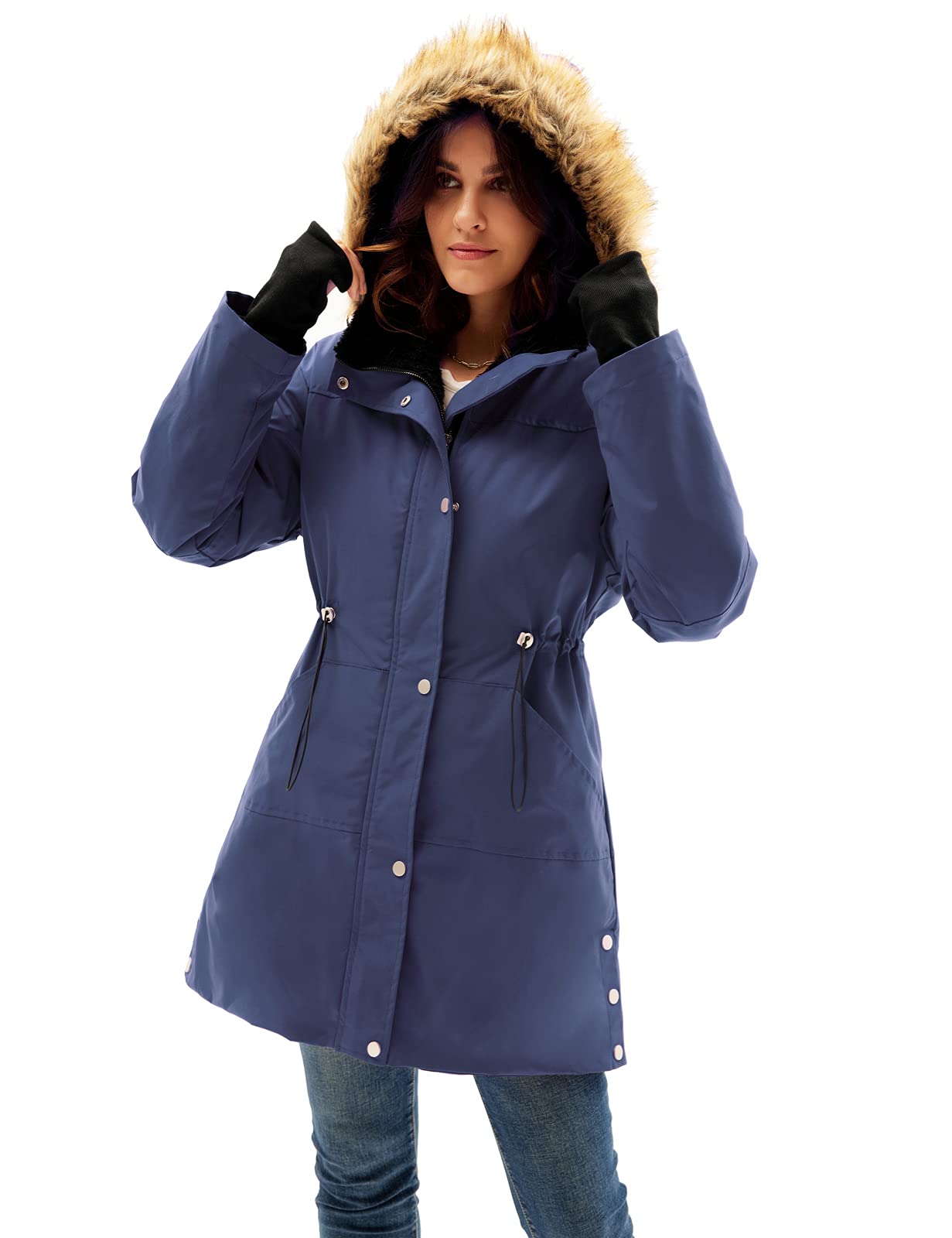 GRACE KARIN Women’s Winter Warm Thickened Outerwear Zip-up Coat Faux Fur Hood Parkas Navy L