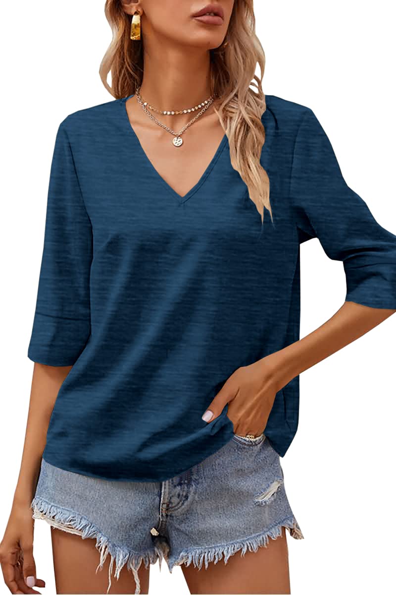 Grlasen Women's Fashion Half Sleeve V-Neck T-Shirt Solid Loose Basic top A-Navy