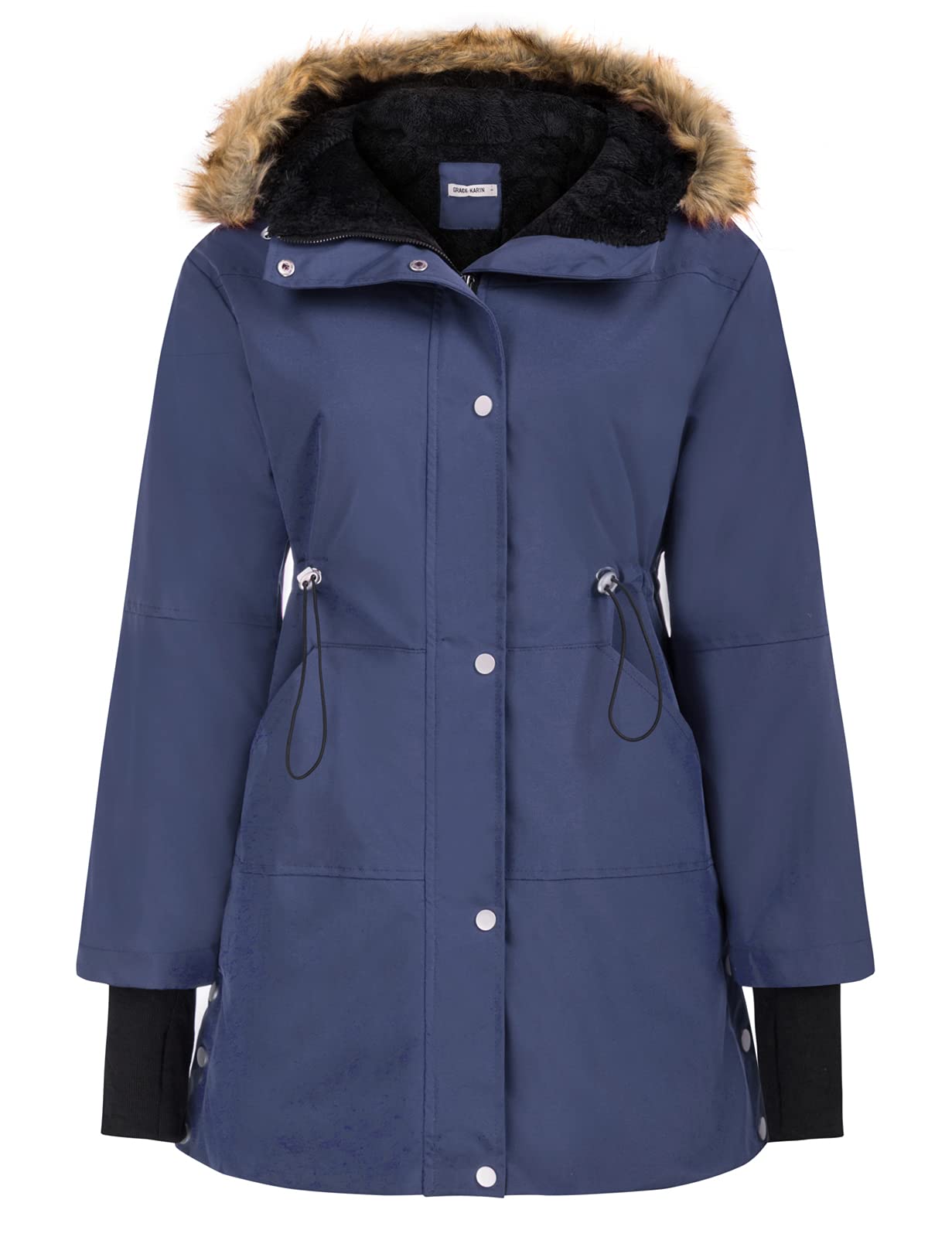 GRACE KARIN Women’s Winter Warm Thickened Outerwear Zip-up Coat Faux Fur Hood Parkas Navy L