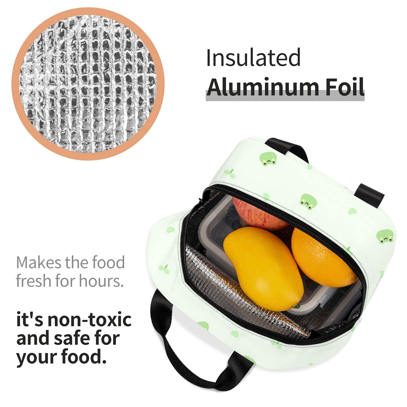 carati Insulated Lunch Bag for Women, Cooler Tote Reusable Lunch Box Container For Work Office Picnic Little Green Frog Cute