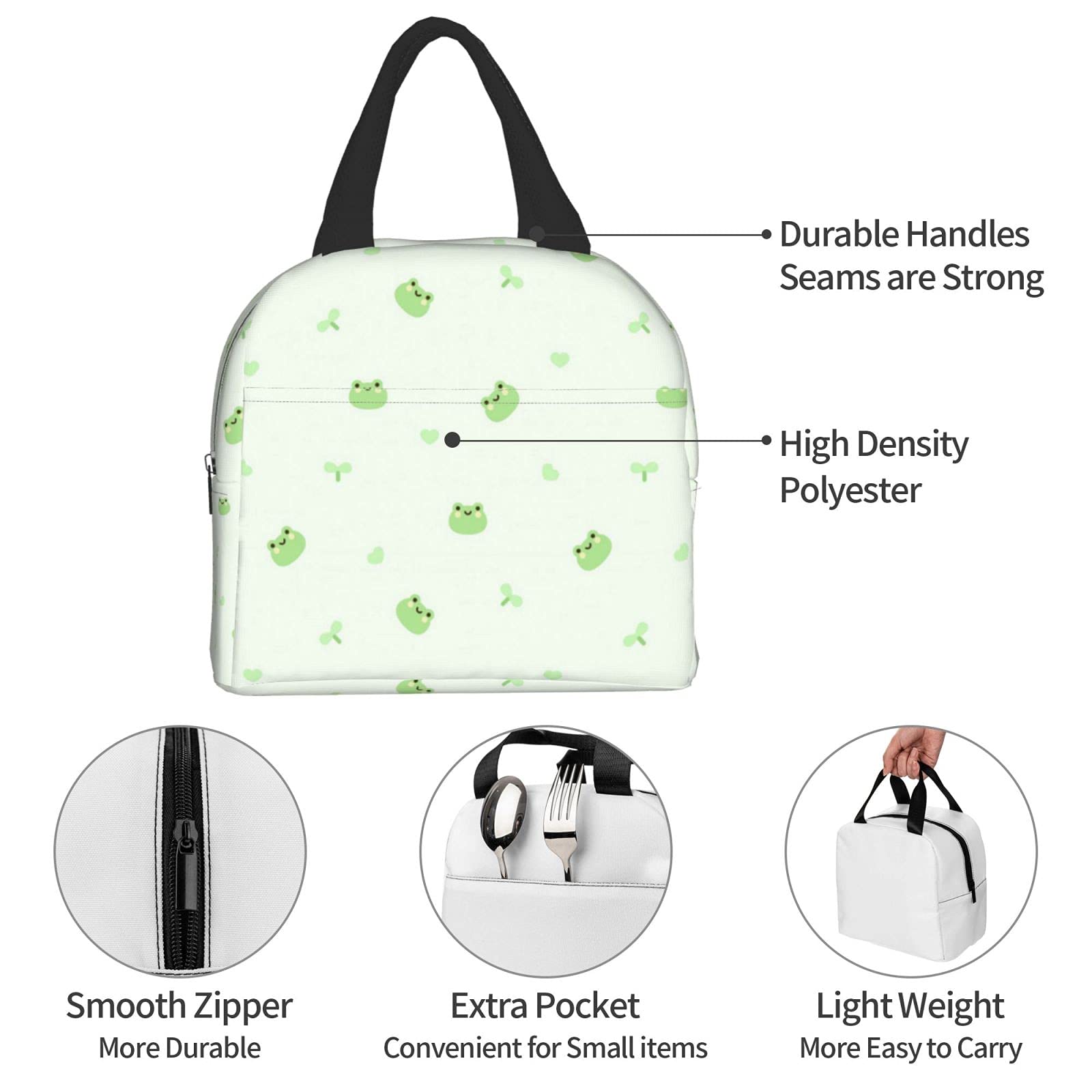 carati Insulated Lunch Bag for Women, Cooler Tote Reusable Lunch Box Container For Work Office Picnic Little Green Frog Cute