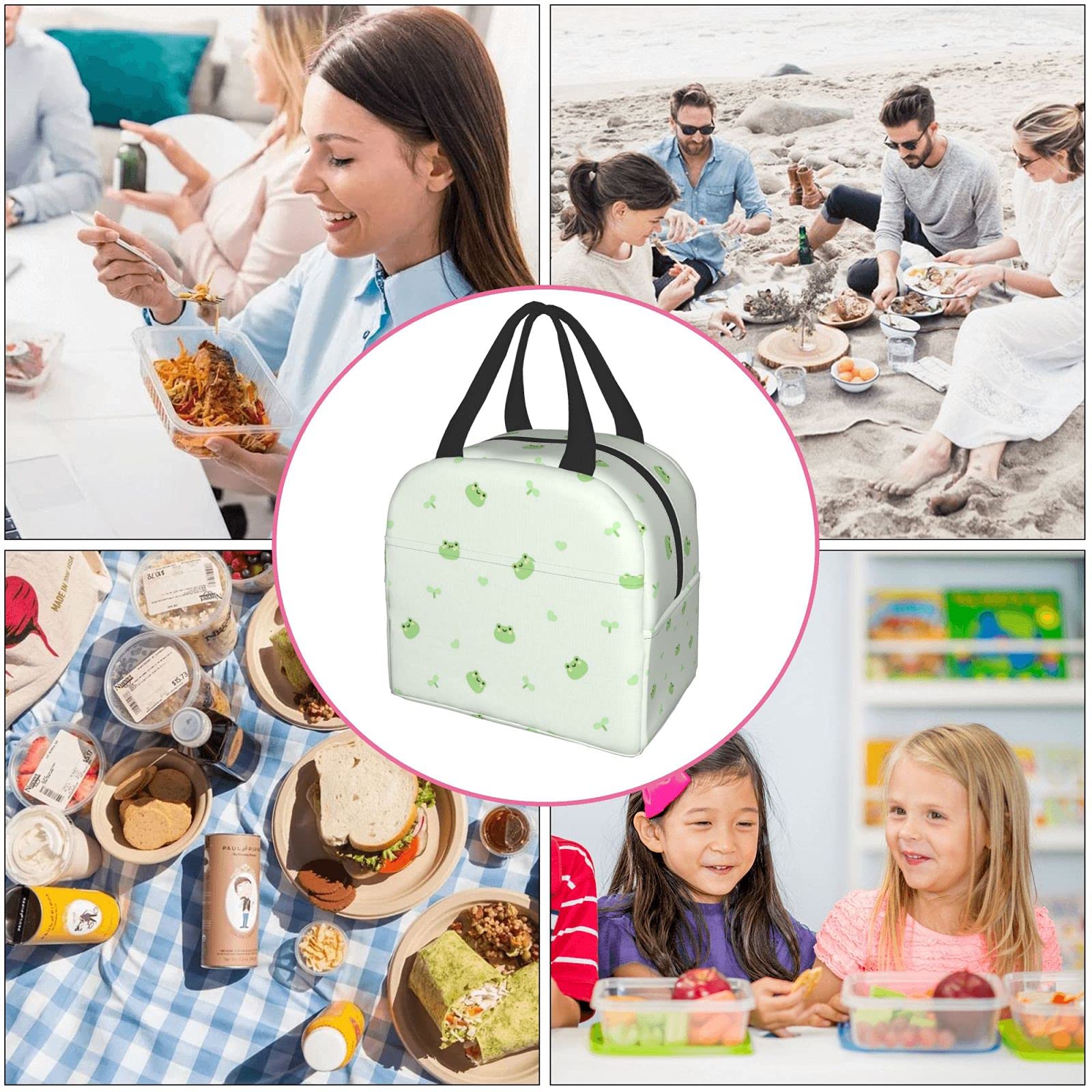 carati Insulated Lunch Bag for Women, Cooler Tote Reusable Lunch Box Container For Work Office Picnic Little Green Frog Cute