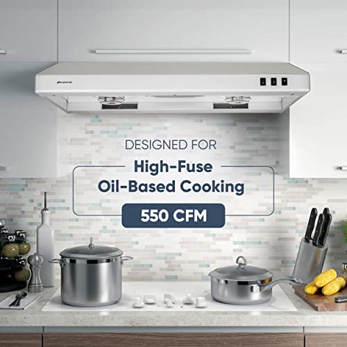 Pacific Economy Under Cabinet Ducted Range Hood 30 inch - CFM550 Powerful 2-Speed Wall Mount Kitchen Vent Hood - Electric Hood with Lighths, Filterless, White PR1230BW