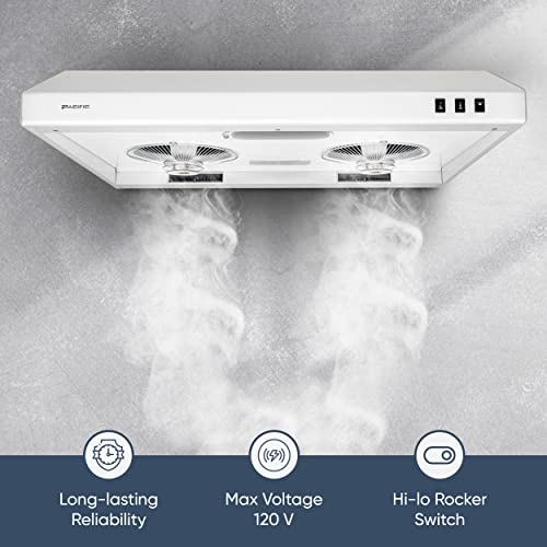 Pacific Economy Under Cabinet Ducted Range Hood 30 inch - CFM550 Powerful 2-Speed Wall Mount Kitchen Vent Hood - Electric Hood with Lighths, Filterless, White PR1230BW