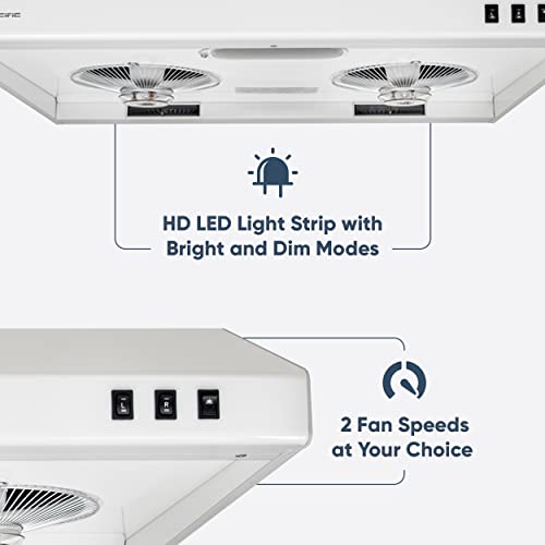 Pacific Economy Under Cabinet Ducted Range Hood 30 inch - CFM550 Powerful 2-Speed Wall Mount Kitchen Vent Hood - Electric Hood with Lighths, Filterless, White PR1230BW