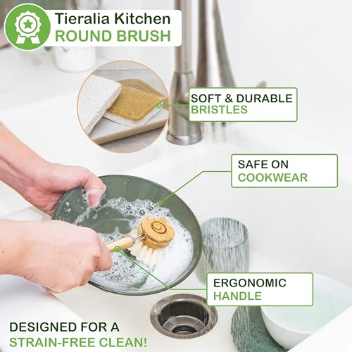 Tieralia 5-Piece Eco-Friendly Bamboo Dish Brush Set with Compostable Wood Pulp Sponges | Bamboo Kitchen Cleaning Set