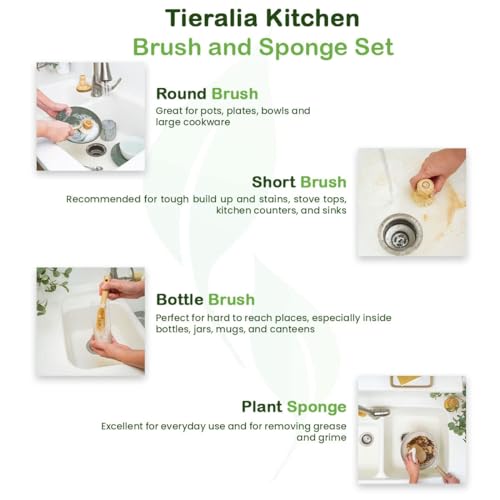 Tieralia 5-Piece Eco-Friendly Bamboo Dish Brush Set with Compostable Wood Pulp Sponges | Bamboo Kitchen Cleaning Set