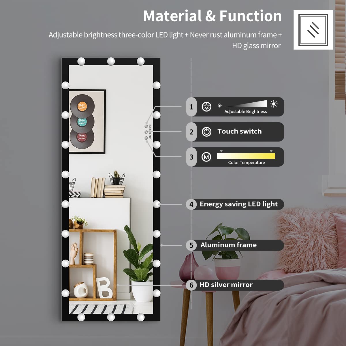 ANYHI Full Length Mirror with Lights, 63" x 24" Full Lenth Vanity Mirror, 22 LED Bulbs, 3 Color Lights, Dimmable, Aluminum Thick Frame, for Dressing Makeup, Straight-Waist Design, Black