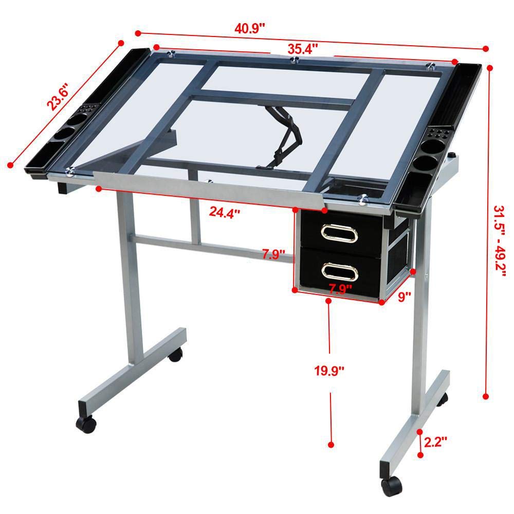 Yaheetech Drafting Table Drawing Table Artist Desk Tilted Tabletop Art Craft Desk with Height Adjustable Rolling Stool for Home Office