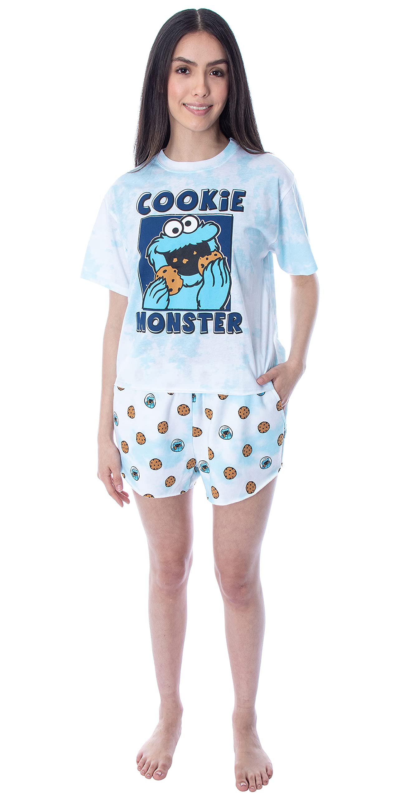 Sesame Street Womens' Cookie Monster Tie Dye Shirt Short Sleep Pajama Set (XL)