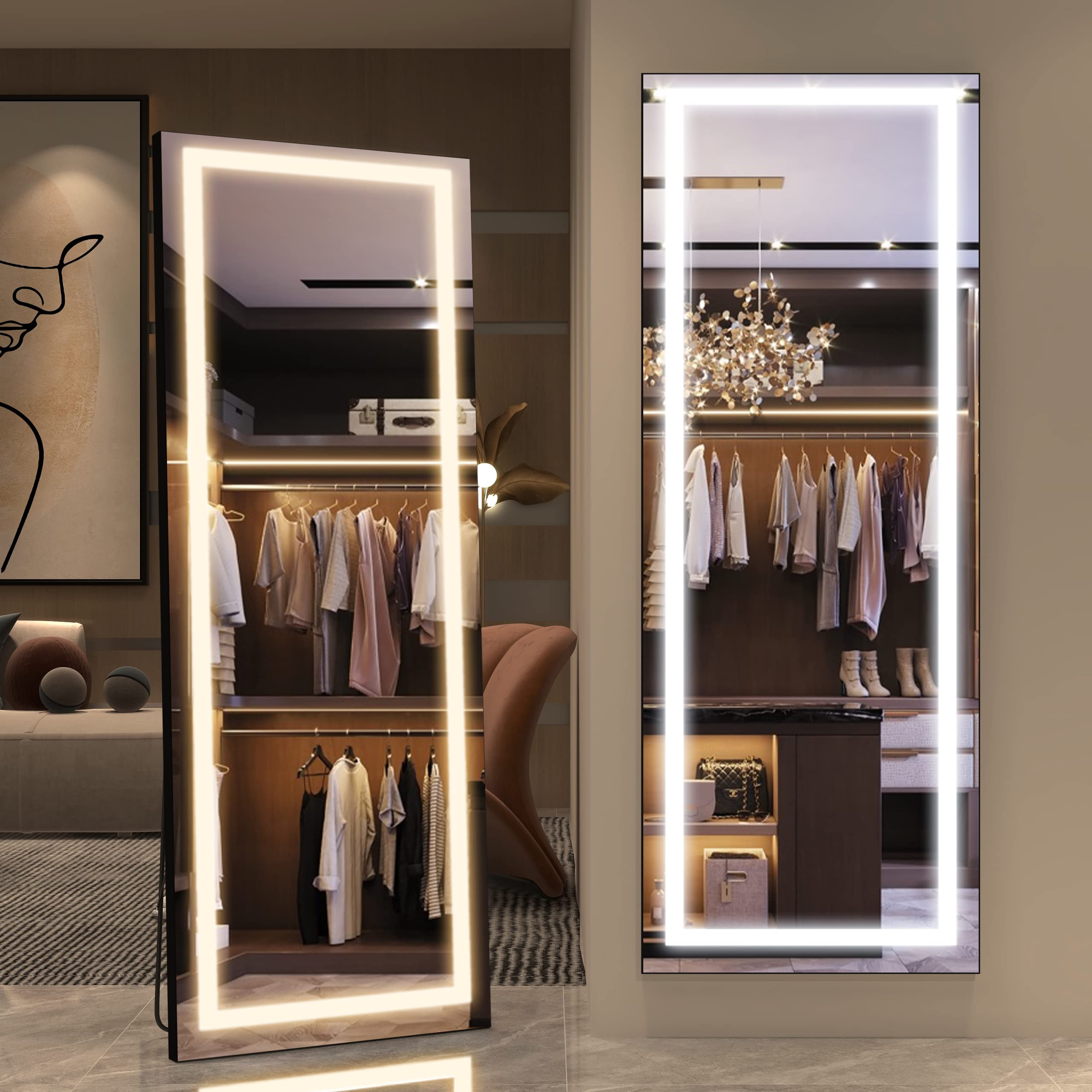 FENNIO Full Length Mirror with Lights, LED Full Body Mirror, Free Standing Lighted Floor Mirror, Wall Mounted Hanging Mirror with Lights for Bedroom, Dimmable & 3 Color Lighting (Gold, 63" x 21")