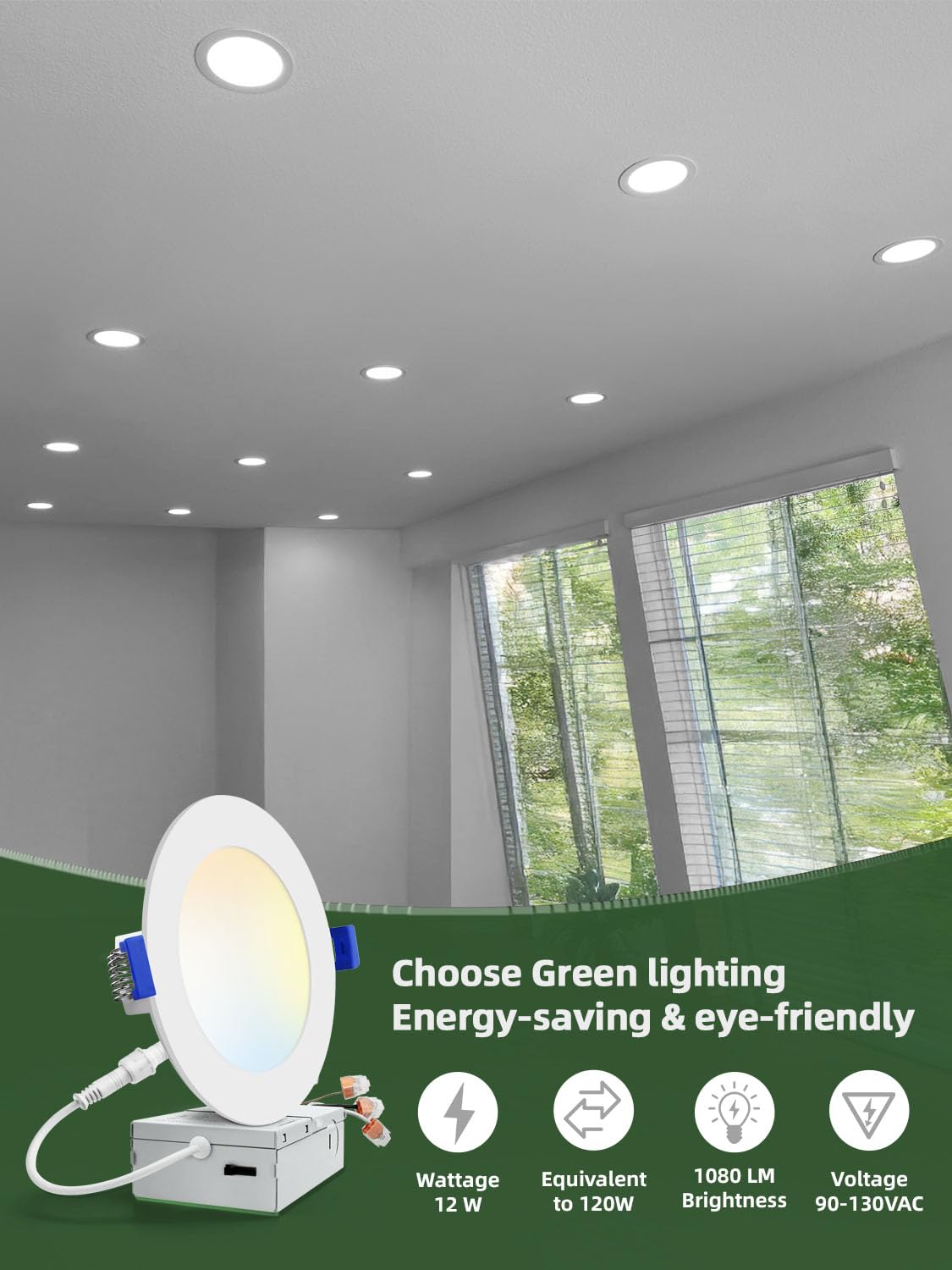 zouzai 1 Pack 6 Inch 5CCT Ultra-Thin LED Recessed Ceiling Light with Junction Box, 2700K/3000K/3500K/4000K/5000K Selectable, 12W Eqv 110W,Dimmable, led can Lights- ETL and Energy Star Certified