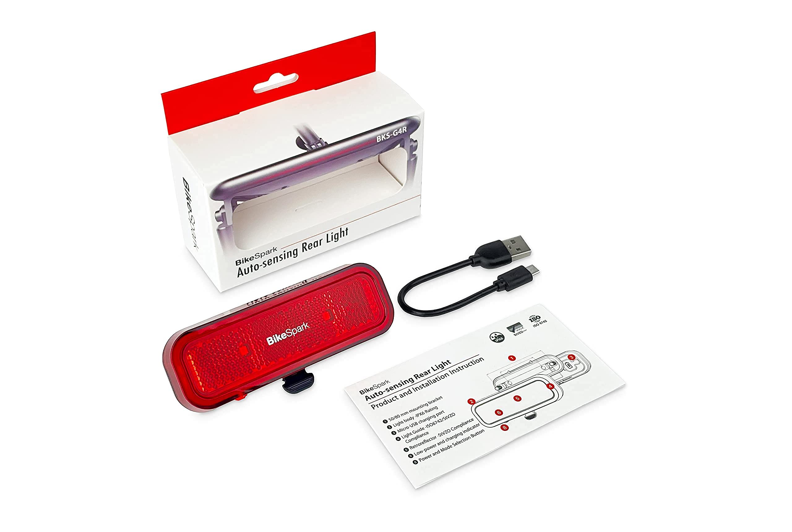 BikeSpark Auto-Sensing Rear Light G4R, USB Rechargeable, 240HRs, Precise Brake Sensing for Cargo Rack, Large Reflector, 50/80mm Screw Mounted, Easy Release, Made in Taiwan