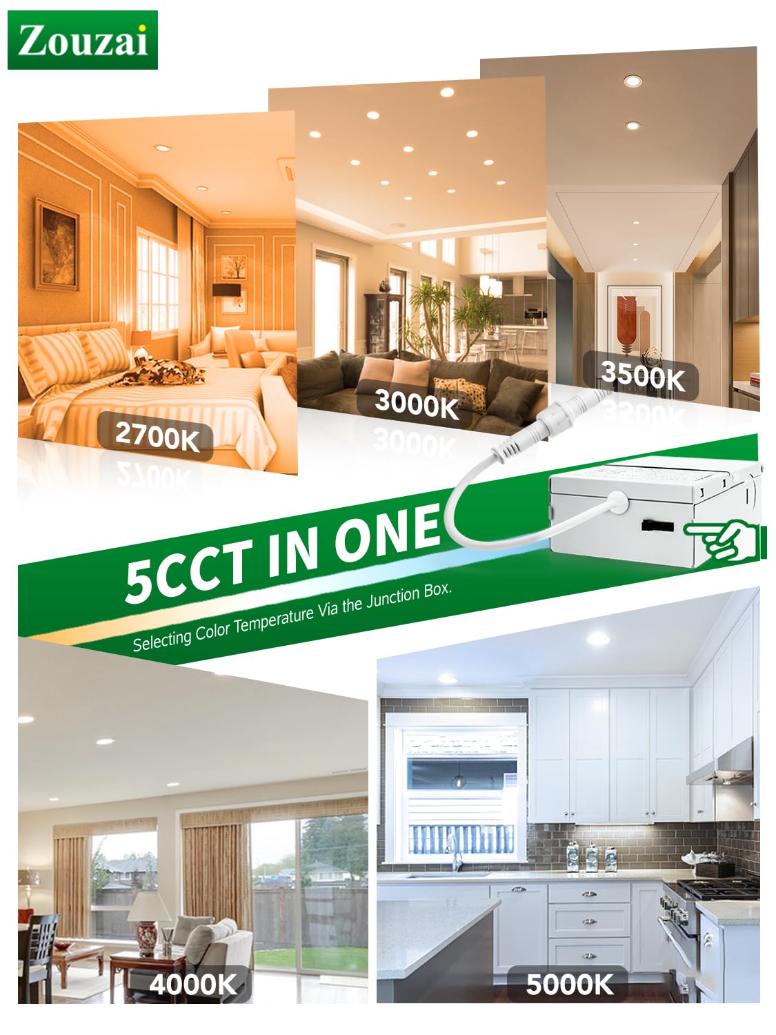 zouzai 1 Pack 6 Inch 5CCT Ultra-Thin LED Recessed Ceiling Light with Junction Box, 2700K/3000K/3500K/4000K/5000K Selectable, 12W Eqv 110W,Dimmable, led can Lights- ETL and Energy Star Certified