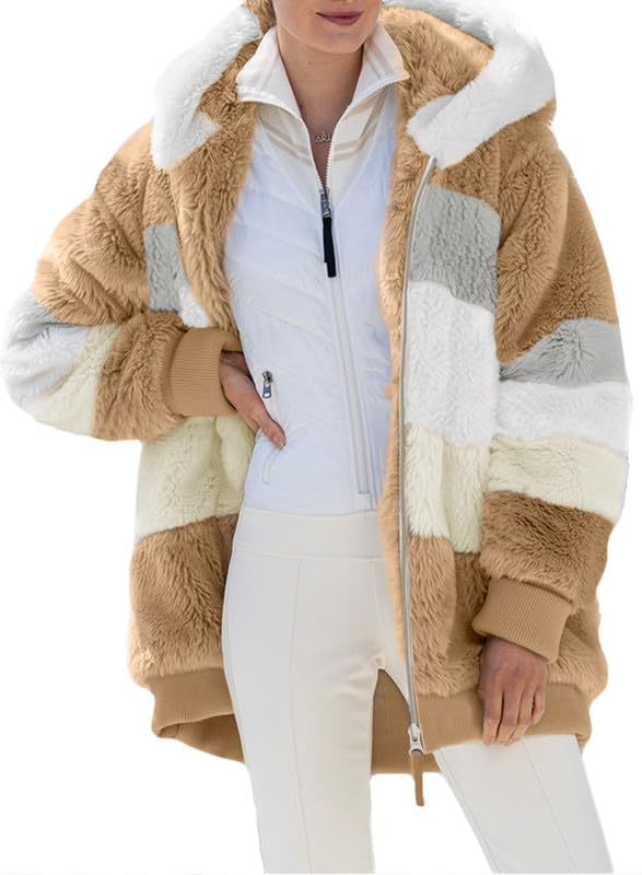 Dokotoo Womens Winter Casual Fuzzy Warm Fleece Jacket Oversized Color Block Patchwork Fall Warm Open Front Hooded Long Sleeve Cardigans Zipper Coats for Women Outerwear with Pockets Khaki X-Large