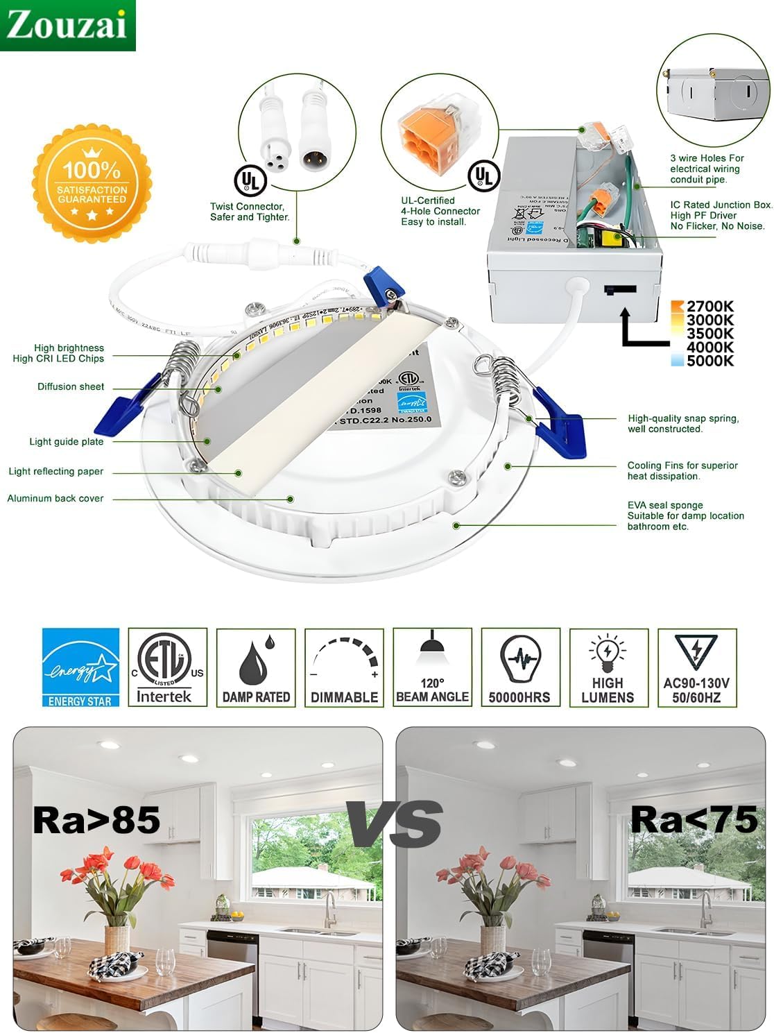 zouzai 1 Pack 6 Inch 5CCT Ultra-Thin LED Recessed Ceiling Light with Junction Box, 2700K/3000K/3500K/4000K/5000K Selectable, 12W Eqv 110W,Dimmable, led can Lights- ETL and Energy Star Certified