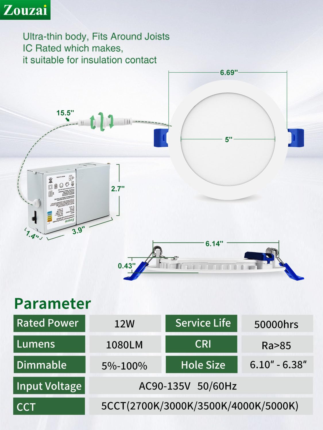 zouzai 1 Pack 6 Inch 5CCT Ultra-Thin LED Recessed Ceiling Light with Junction Box, 2700K/3000K/3500K/4000K/5000K Selectable, 12W Eqv 110W,Dimmable, led can Lights- ETL and Energy Star Certified