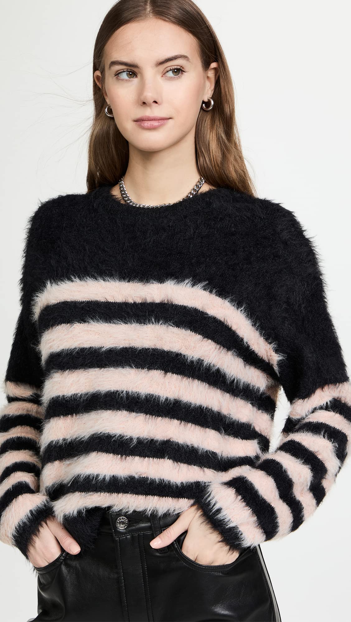 VELVET BY GRAHAM & SPENCER Women's Lulu Feather Yarn Stripe Sweater, Black/Blush, L