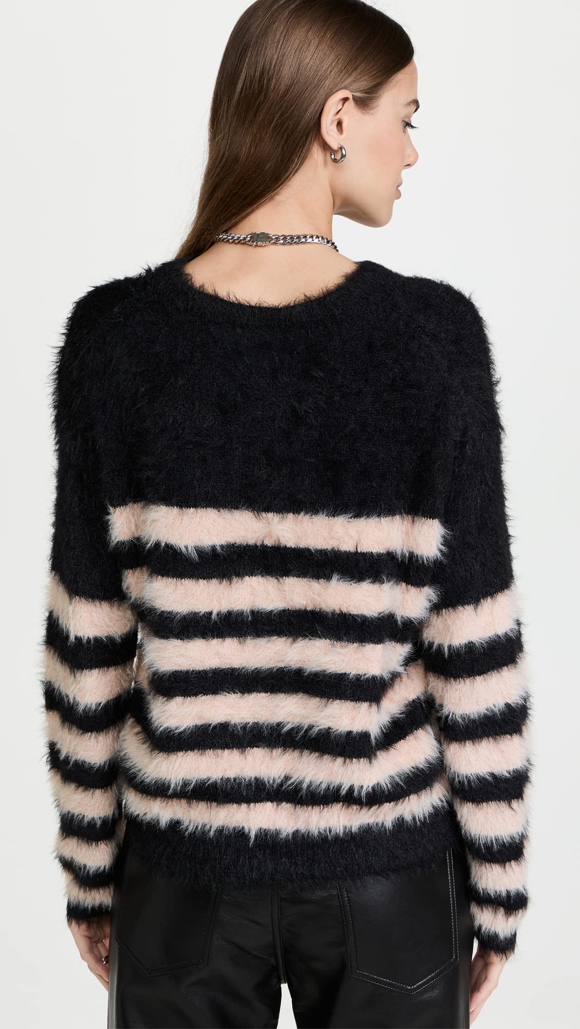 VELVET BY GRAHAM & SPENCER Women's Lulu Feather Yarn Stripe Sweater, Black/Blush, L