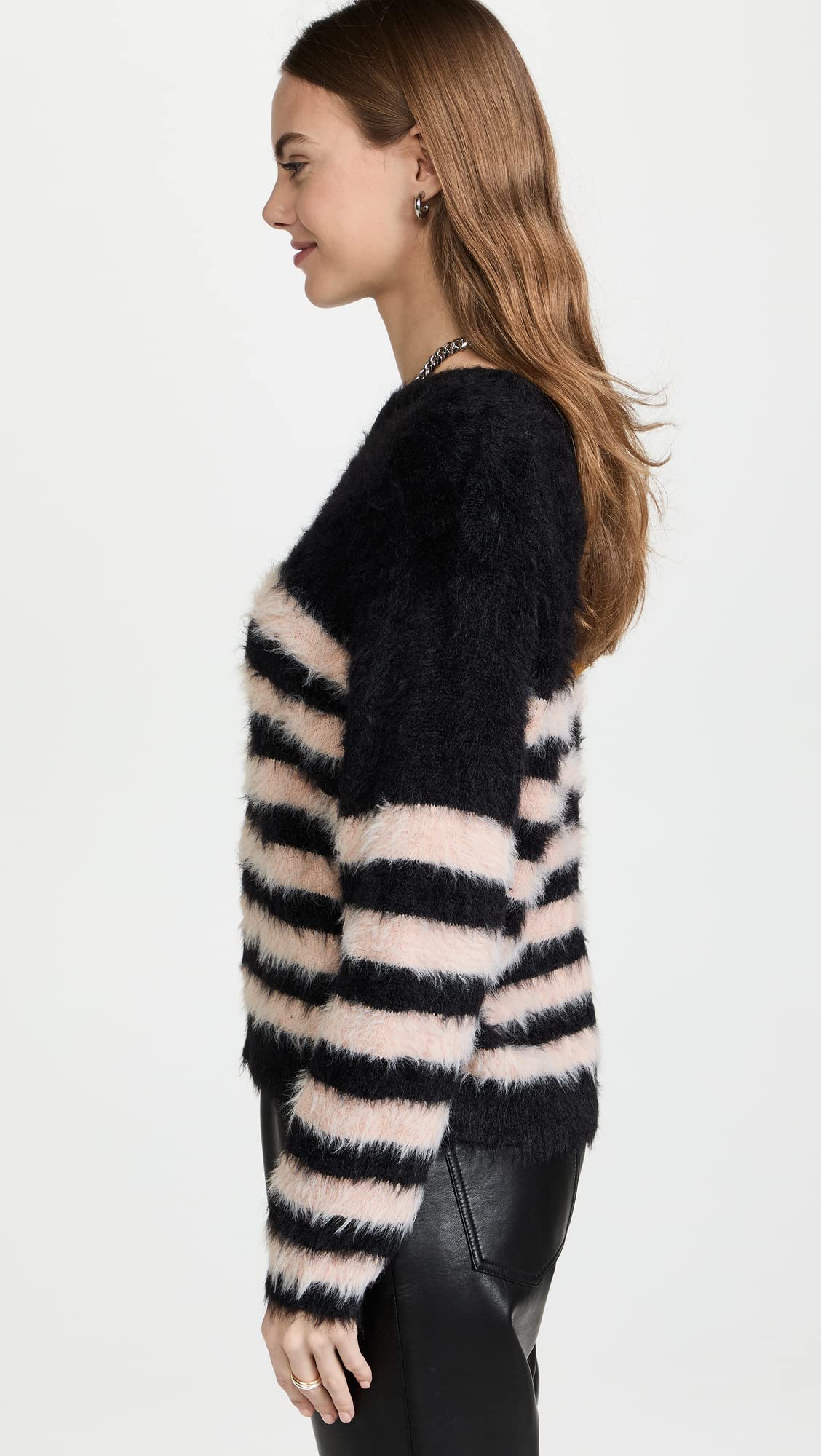VELVET BY GRAHAM & SPENCER Women's Lulu Feather Yarn Stripe Sweater, Black/Blush, L