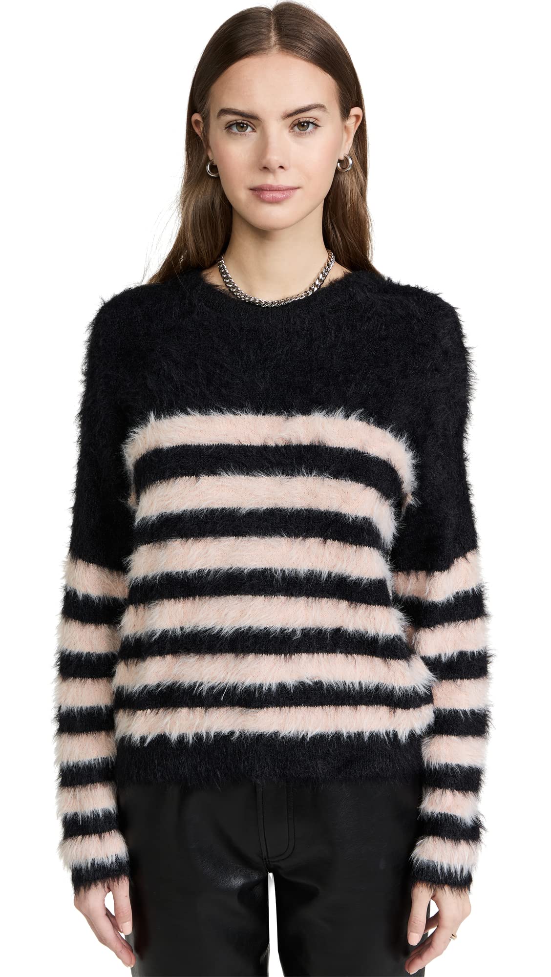 VELVET BY GRAHAM & SPENCER Women's Lulu Feather Yarn Stripe Sweater, Black/Blush, L