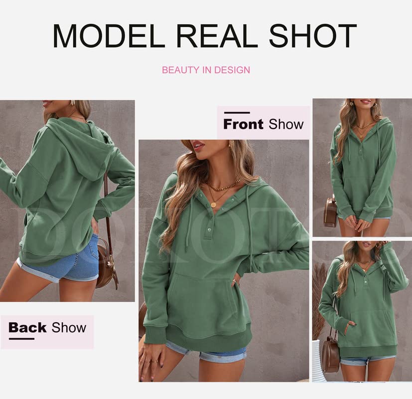 Dokotoo Hoodies For Women Drawstring Long Sleeve Front Button Collar Hooded Pullovers with Pockets Winter Sweatshirt Loose Fit Casual Ladies Fall Shirt Tops X-Large Green