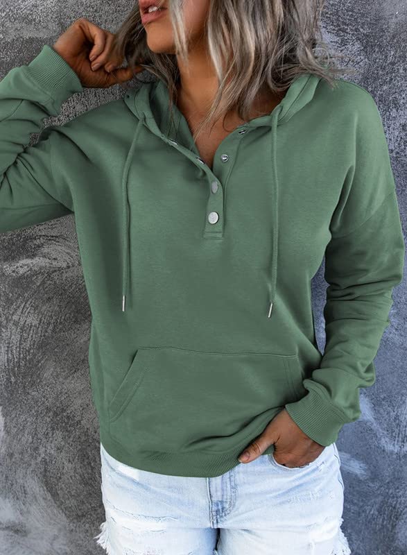 Dokotoo Hoodies For Women Drawstring Long Sleeve Front Button Collar Hooded Pullovers with Pockets Winter Sweatshirt Loose Fit Casual Ladies Fall Shirt Tops X-Large Green