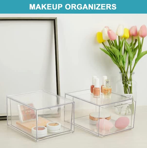 Acrylic Makeup Organizer, 4.4'' Tall Bathroom Clear Plastic Storage Bins, Set of 2