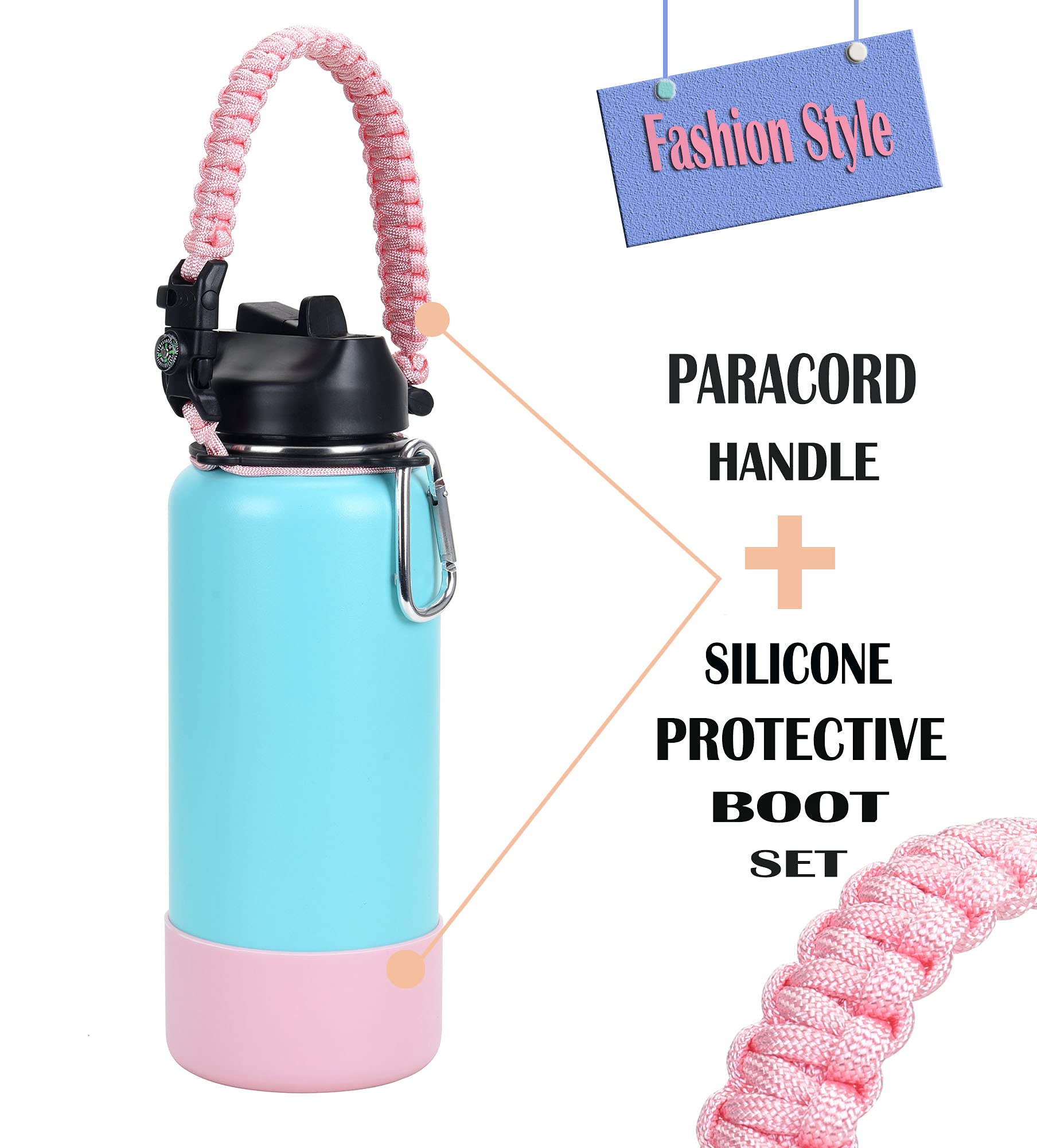 LX-SUNCX Paracord Handle and Silicone Sleeve Boot Compatible with Hydro Flask Wide Mouth Water Bottle (Pearly pink/pink, 32oz-40oz)