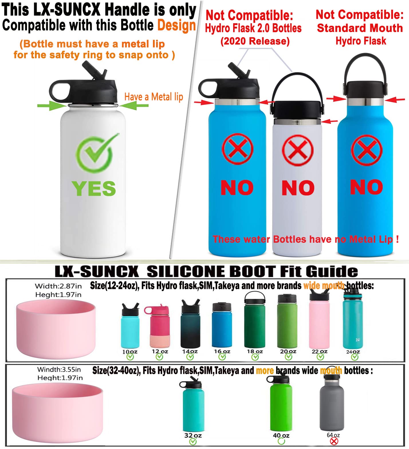 LX-SUNCX Paracord Handle and Silicone Sleeve Boot Compatible with Hydro Flask Wide Mouth Water Bottle (Pearly pink/pink, 32oz-40oz)
