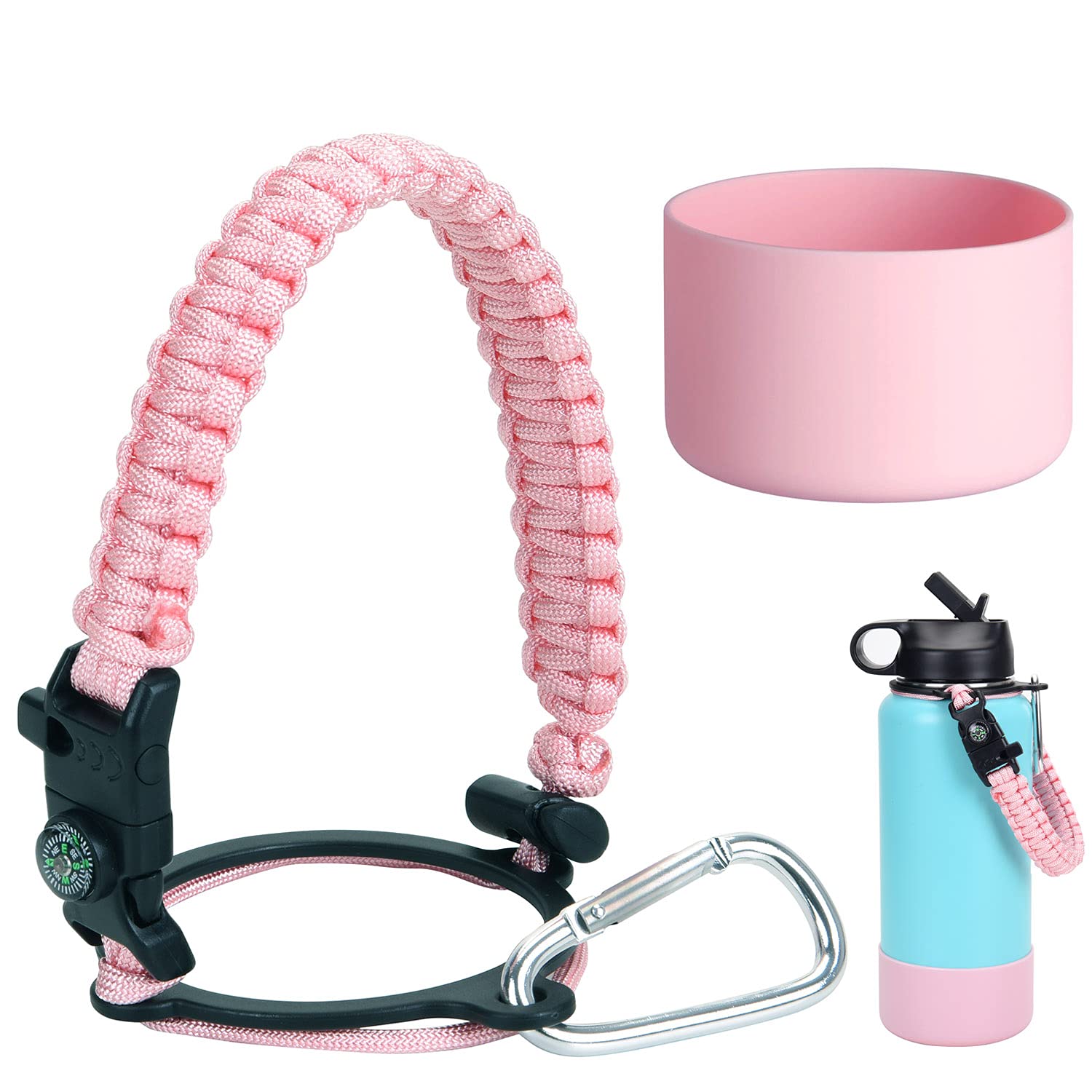 LX-SUNCX Paracord Handle and Silicone Sleeve Boot Compatible with Hydro Flask Wide Mouth Water Bottle (Pearly pink/pink, 32oz-40oz)
