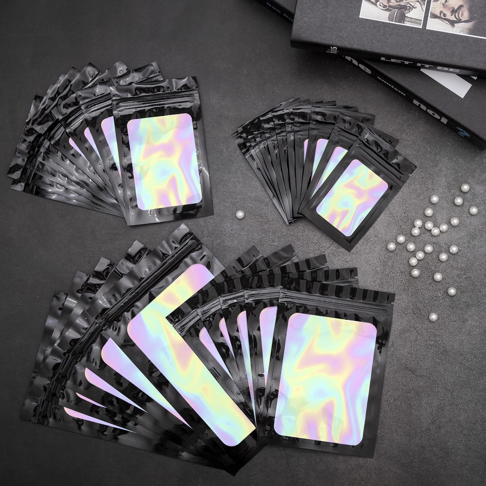 Ruiqiger 150 PCS Resealable Smell Proof Mylar Bags Food Storage Ziplock Holographic Bag Packaging Pouch Black With Window for Coffee,Electronics