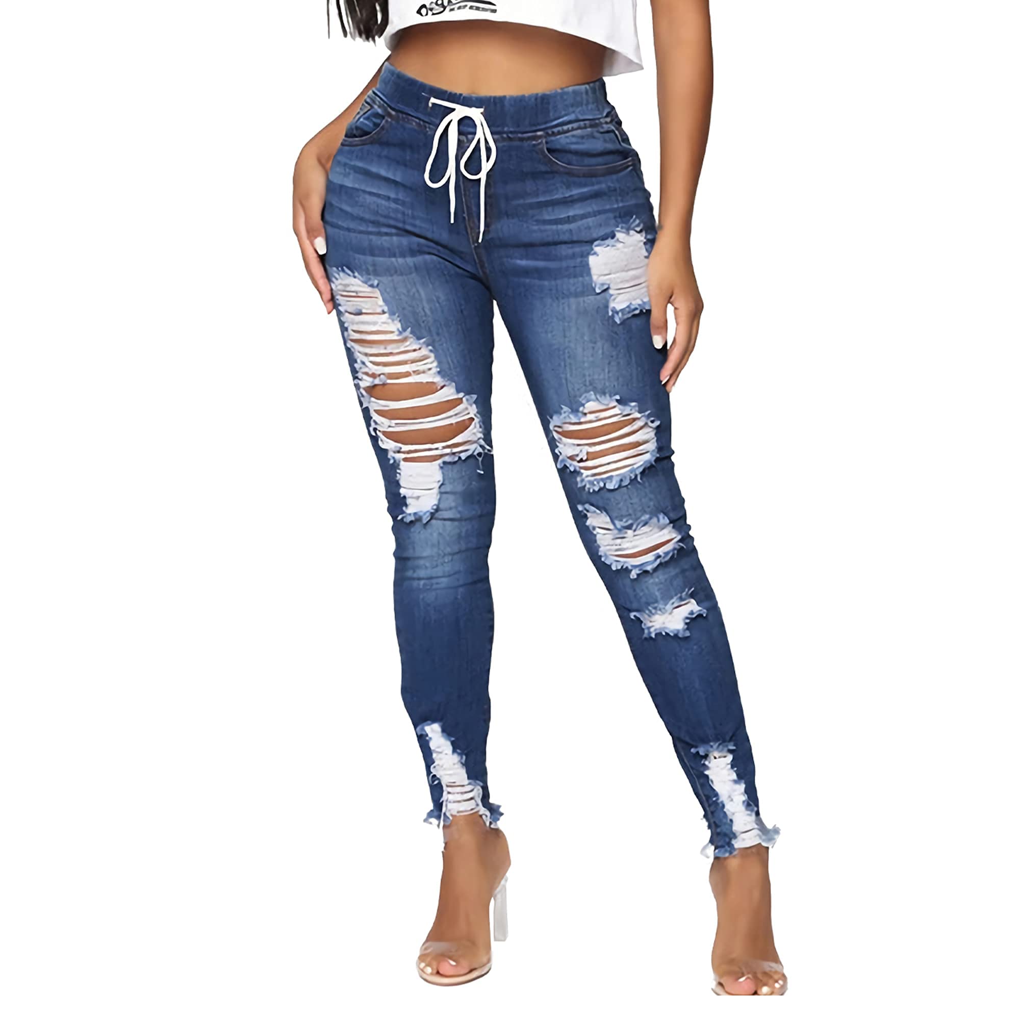 YPKAM High Waist Skinny Stretch Ripped Jeans for Women, Distressed Destroyed Denim Pants.