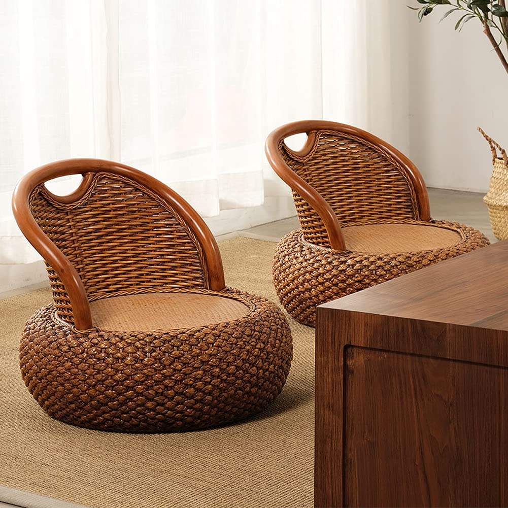 Kelendle Round Rattan Floor Chair with Ergonomic Backrest - Lazy Chair Tatami Seat Meditation Futon for Home and Office Decoration (Light Brown)