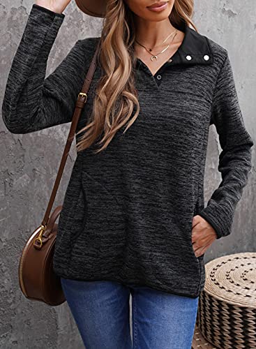 Diukia Womens Plus Size Loose Long Sleeve 1/4 Quarter Button V Neck Athletic Sweatshirts Fall Winter Lightweight Solid Color Stand Collar Pocket Sweatshirts Pullover Tops for Ladies Black 2XL 18-20