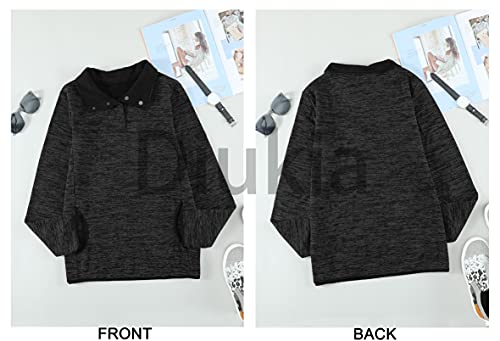 Diukia Womens Plus Size Loose Long Sleeve 1/4 Quarter Button V Neck Athletic Sweatshirts Fall Winter Lightweight Solid Color Stand Collar Pocket Sweatshirts Pullover Tops for Ladies Black 2XL 18-20