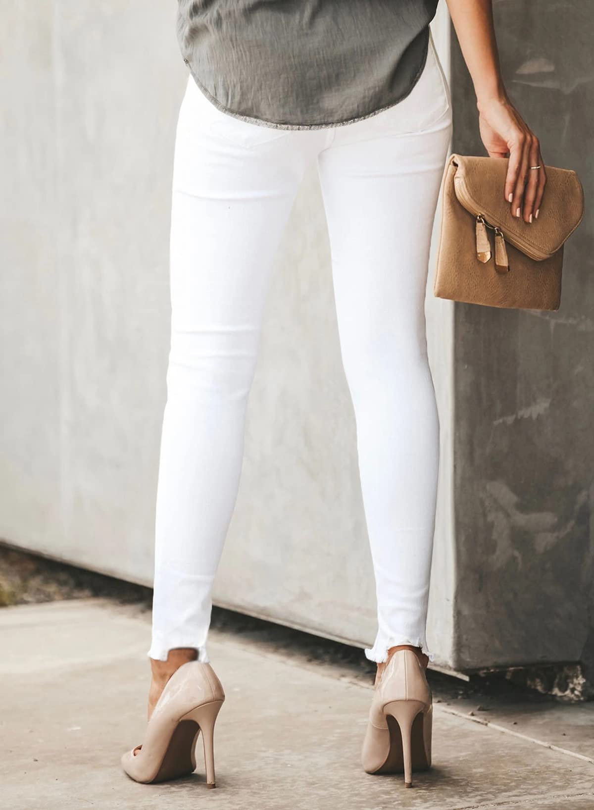 Sidefeel Women's White Jeans High Waisted Skinny Button Fly Raw Hem Elegant Denim Pants Size 10