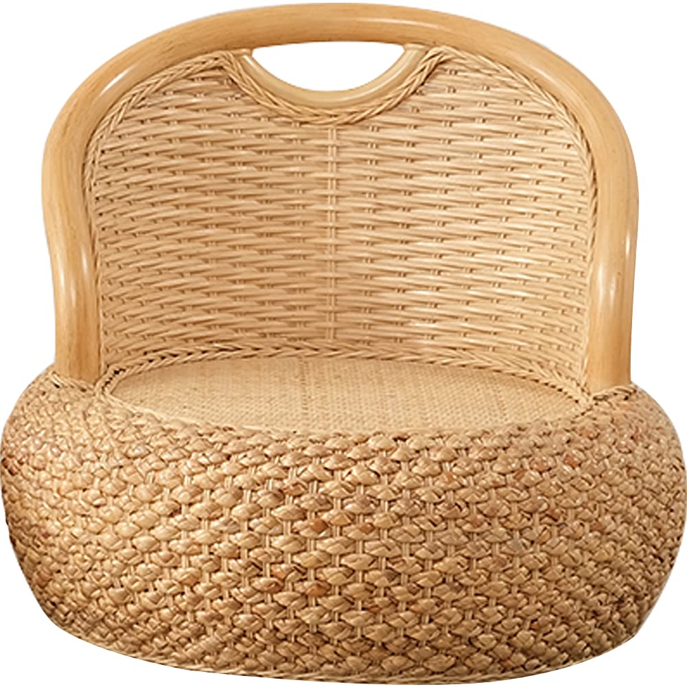 Kelendle Round Rattan Floor Chair with Ergonomic Backrest - Lazy Chair Tatami Seat Meditation Futon for Home and Office Decoration (Light Brown)