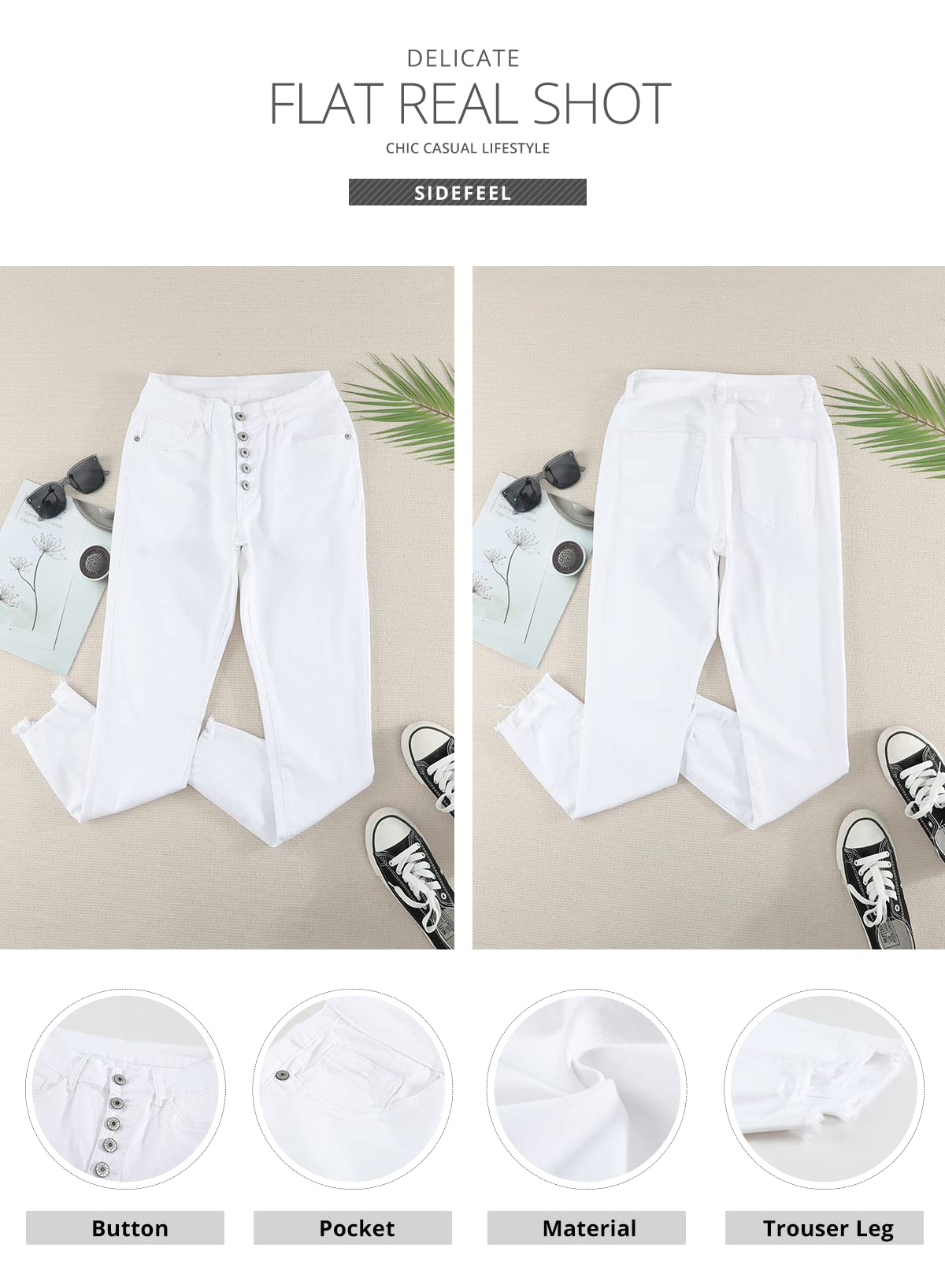Sidefeel Women's White Jeans High Waisted Skinny Button Fly Raw Hem Elegant Denim Pants Size 10