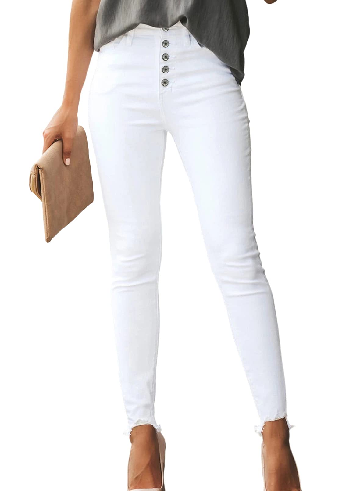 Sidefeel Women's White Jeans High Waisted Skinny Button Fly Raw Hem Elegant Denim Pants Size 10