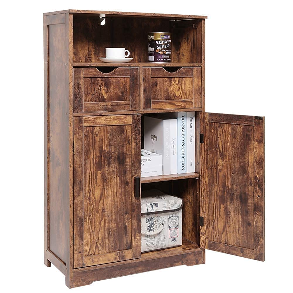 Iwell Mid Century Coffee Table & Large Storage Cabinet with 2 Drawers & 2 Shelf, Sideboard Cupboard with Double Door, Boho Cocktail Table for Living Room, Bedroom, Kitchen, Home Office