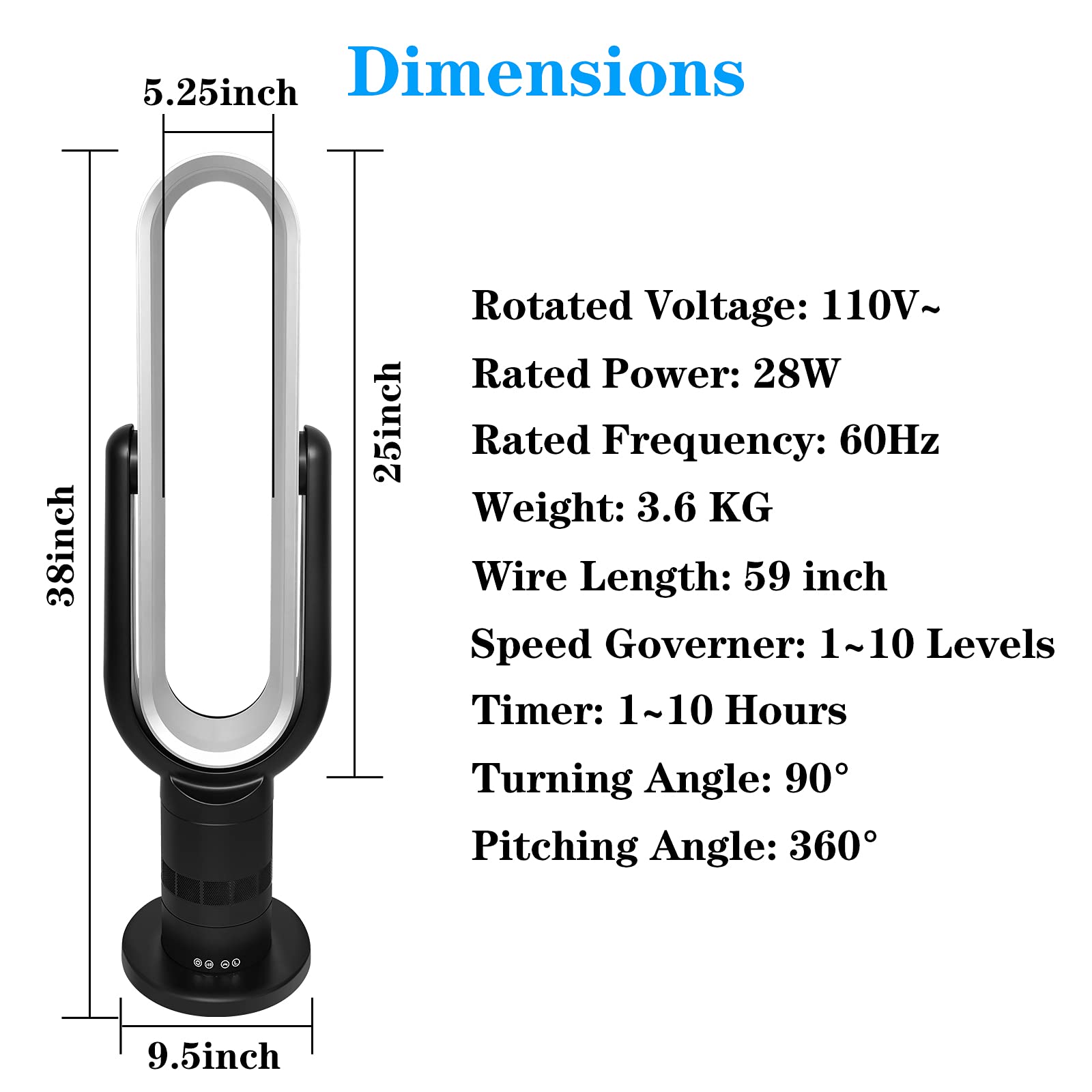 Simple Deluxe 39 inch Bladeless Tower Fan, Standing Fan, 10 Speeds Settings, 10-Hour Timing Closure, Low Noise
