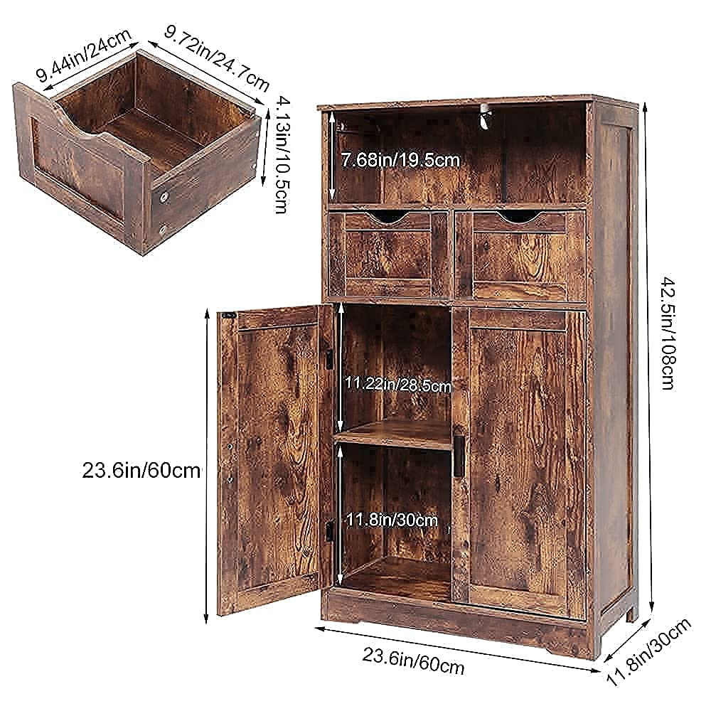 Iwell Mid Century Coffee Table & Large Storage Cabinet with 2 Drawers & 2 Shelf, Sideboard Cupboard with Double Door, Boho Cocktail Table for Living Room, Bedroom, Kitchen, Home Office