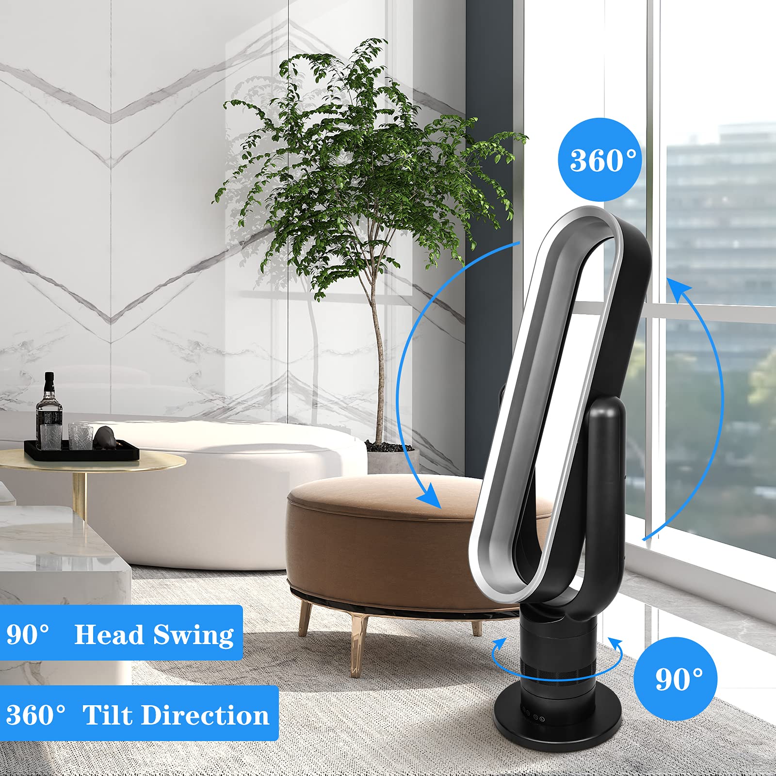 Simple Deluxe 39 inch Bladeless Tower Fan, Standing Fan, 10 Speeds Settings, 10-Hour Timing Closure, Low Noise