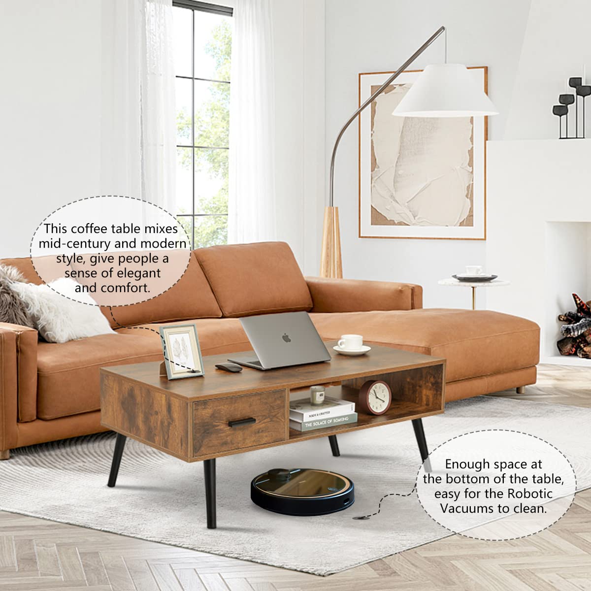 Iwell Mid Century Coffee Table & Large Storage Cabinet with 2 Drawers & 2 Shelf, Sideboard Cupboard with Double Door, Boho Cocktail Table for Living Room, Bedroom, Kitchen, Home Office