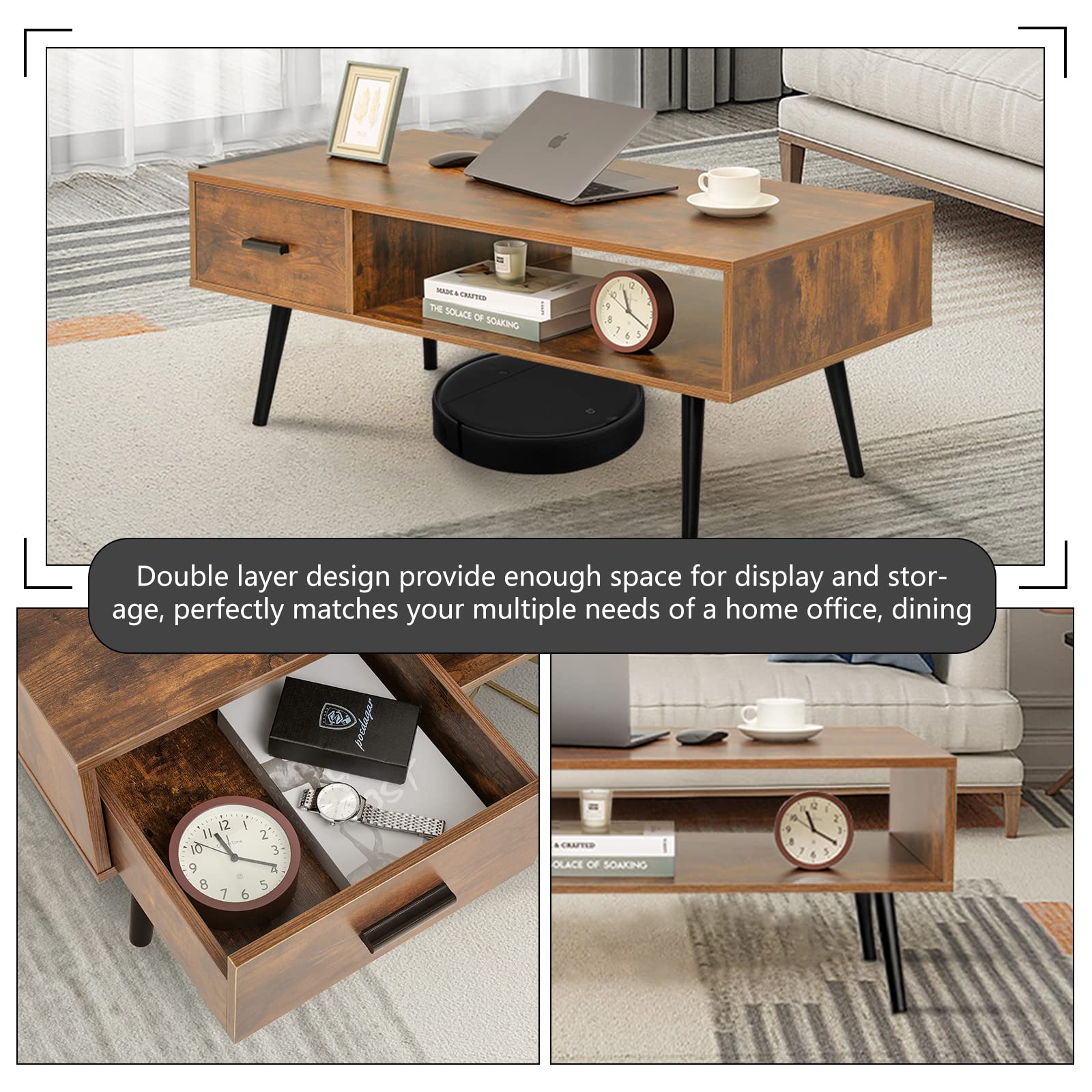 Iwell Mid Century Coffee Table & Large Storage Cabinet with 2 Drawers & 2 Shelf, Sideboard Cupboard with Double Door, Boho Cocktail Table for Living Room, Bedroom, Kitchen, Home Office