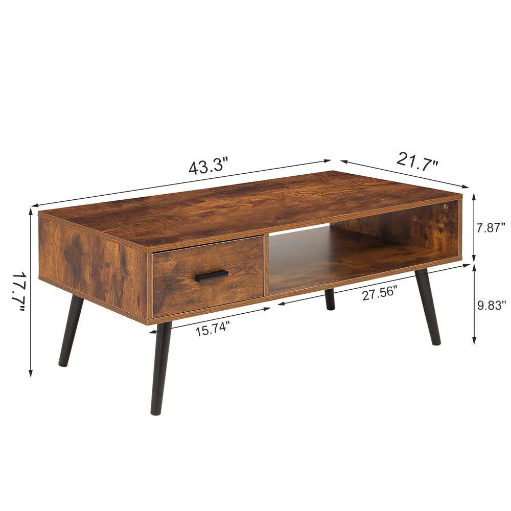 Iwell Mid Century Coffee Table & Large Storage Cabinet with 2 Drawers & 2 Shelf, Sideboard Cupboard with Double Door, Boho Cocktail Table for Living Room, Bedroom, Kitchen, Home Office